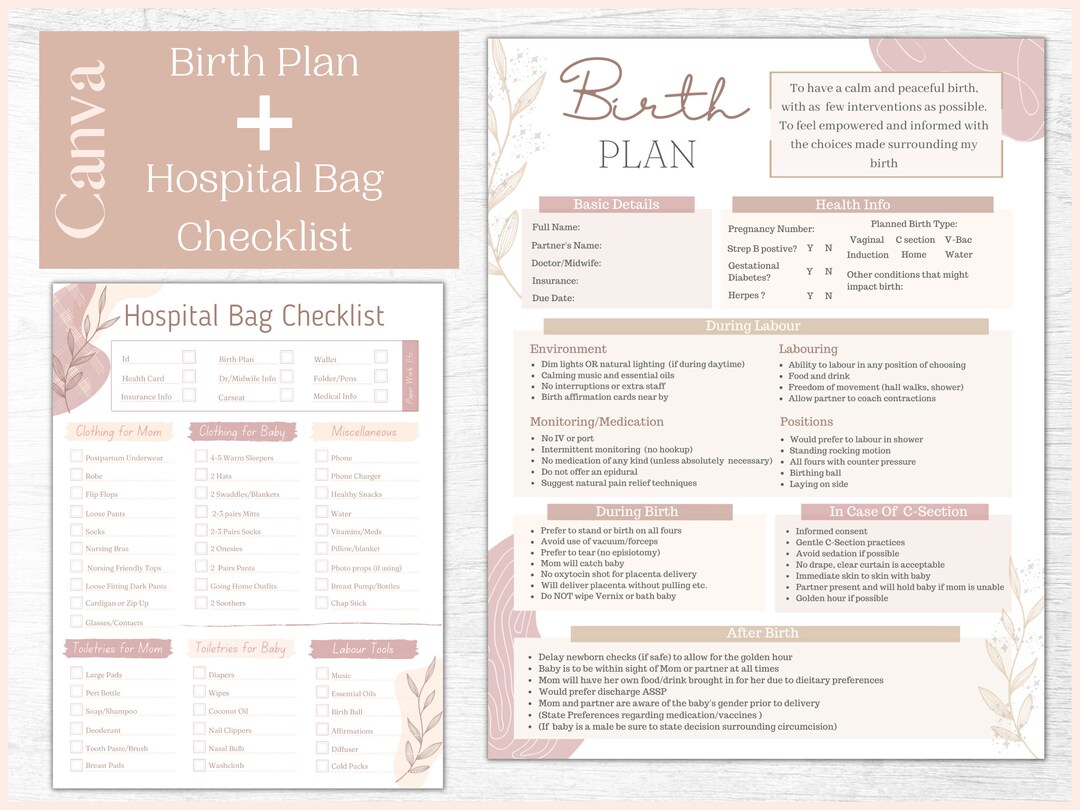 Editable Birth Plan Template and Hospital Bag Checklist Bundle - Etsy