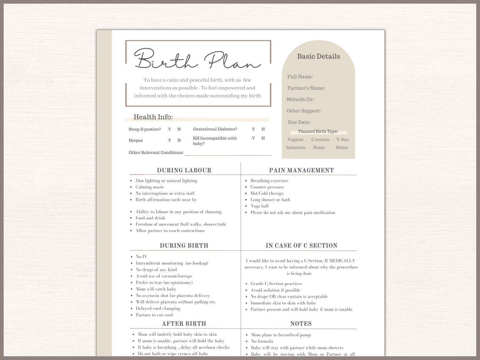Editable Birth Plan Template | Printable Birthing Plan | Labour and ...