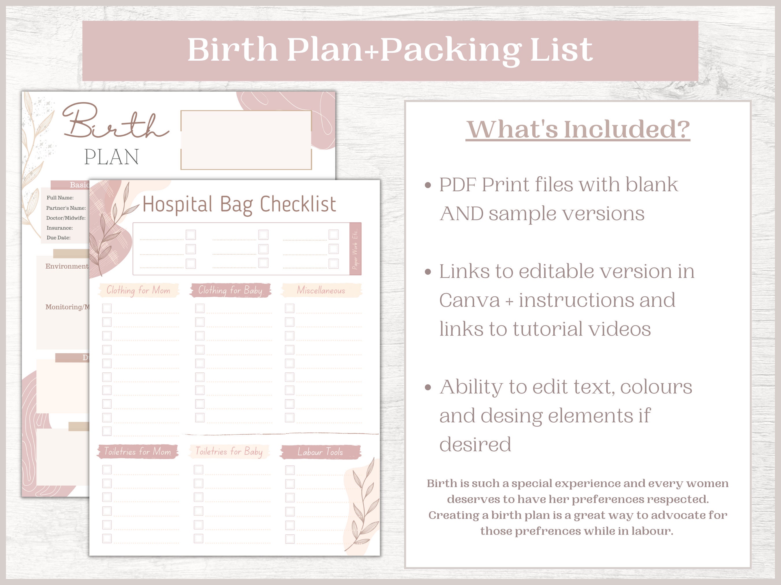 Mini Birth Plan Bundle | Editable Birth Plan| Hospital Bag Checklist ...