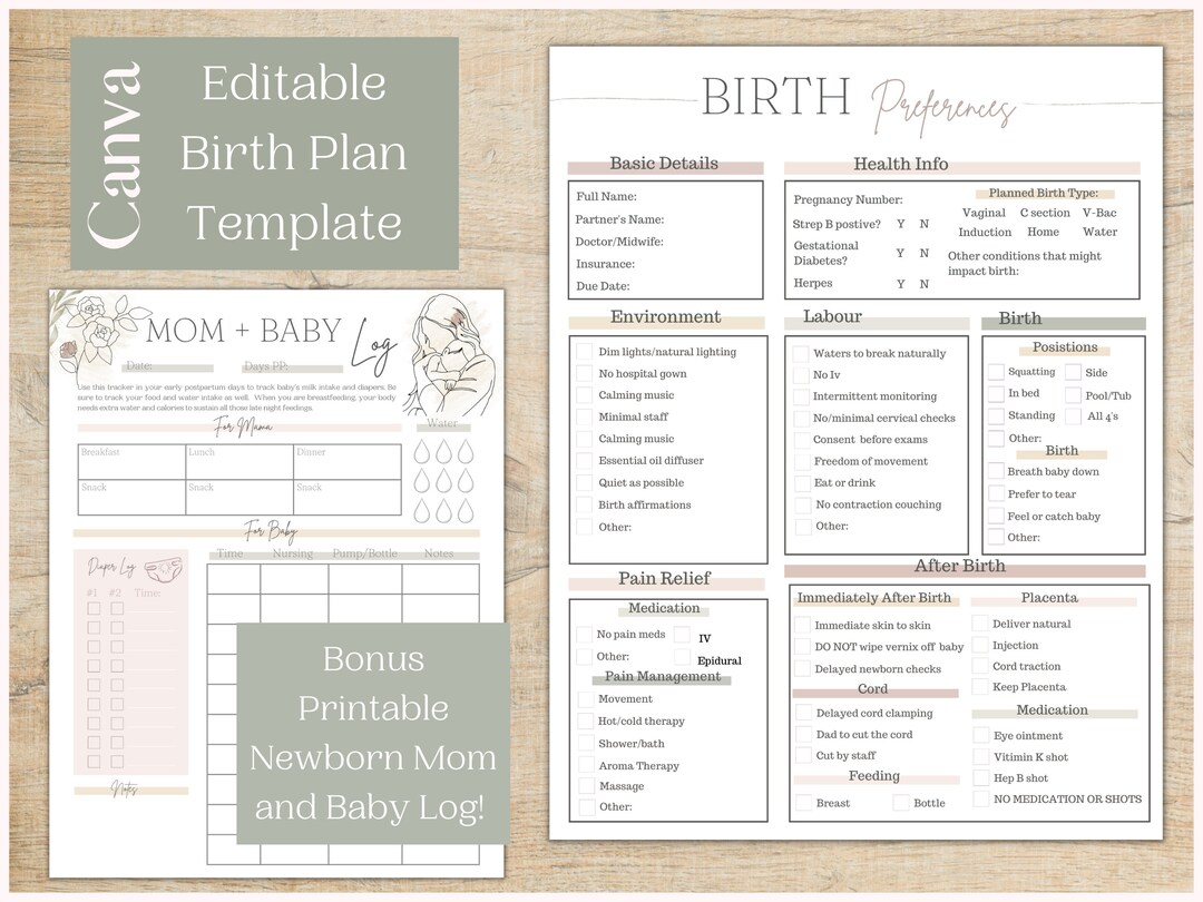 Editable Birth Plan Template and Printable Newborn Log | Mini Birth ...