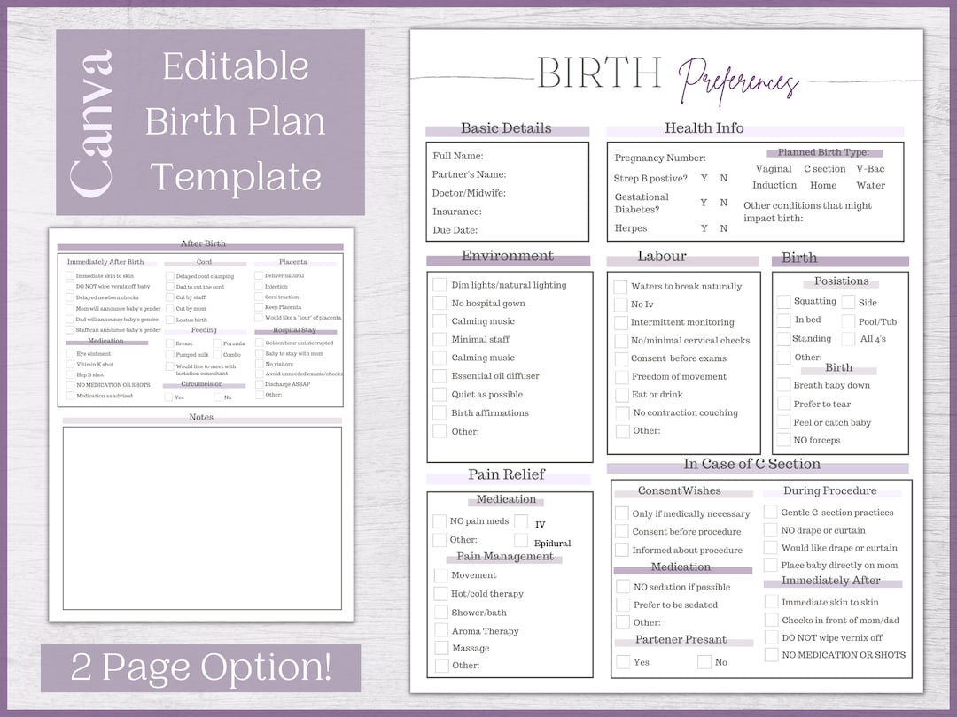 Editable Birth Plan Template |printable Birth Plan and Checklist - Etsy