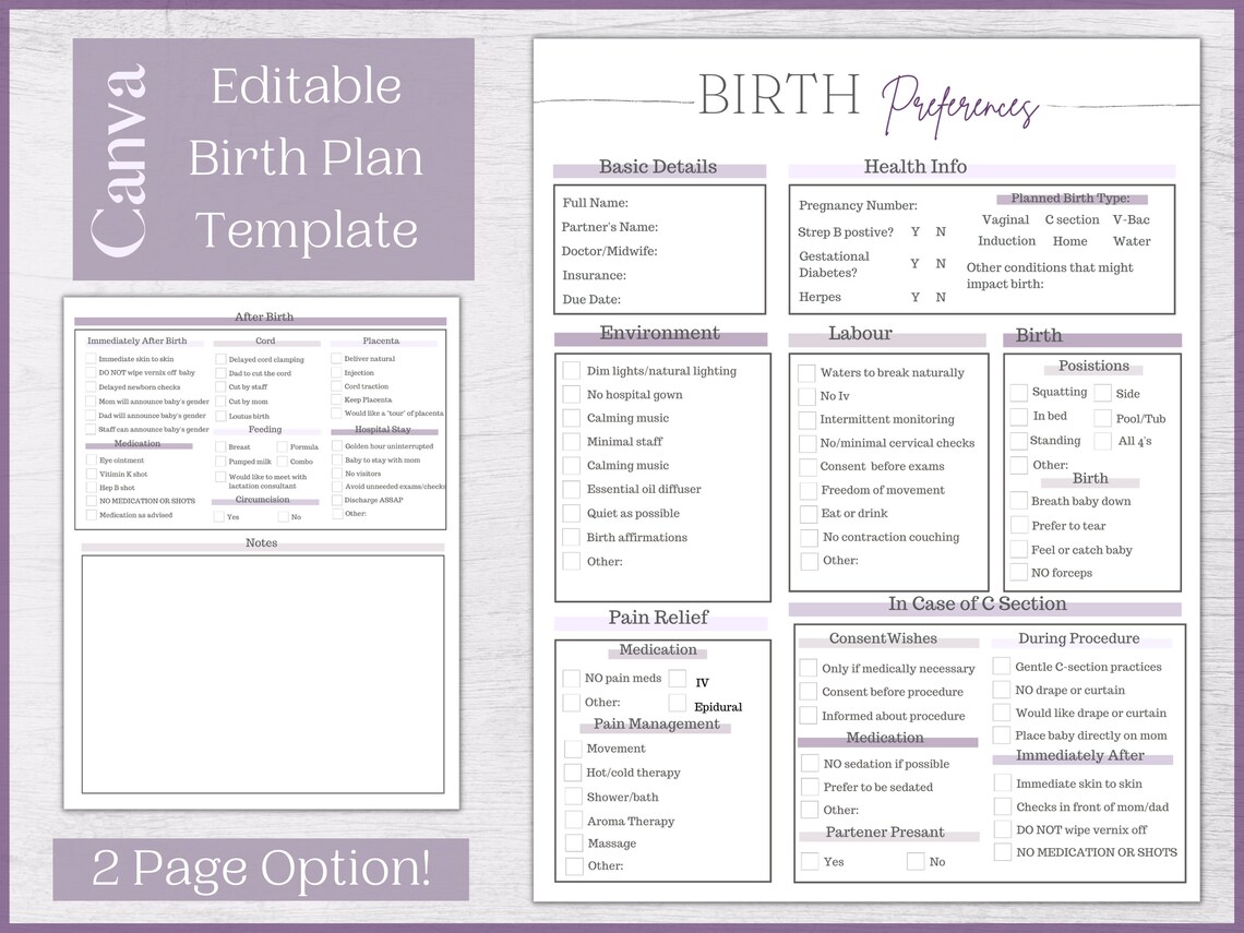 Editable Birth Plan Template |printable Birth Plan and Checklist - Etsy
