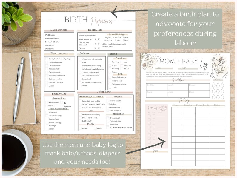Editable Birth Plan Template and Printable Newborn Log | Mini Birth ...