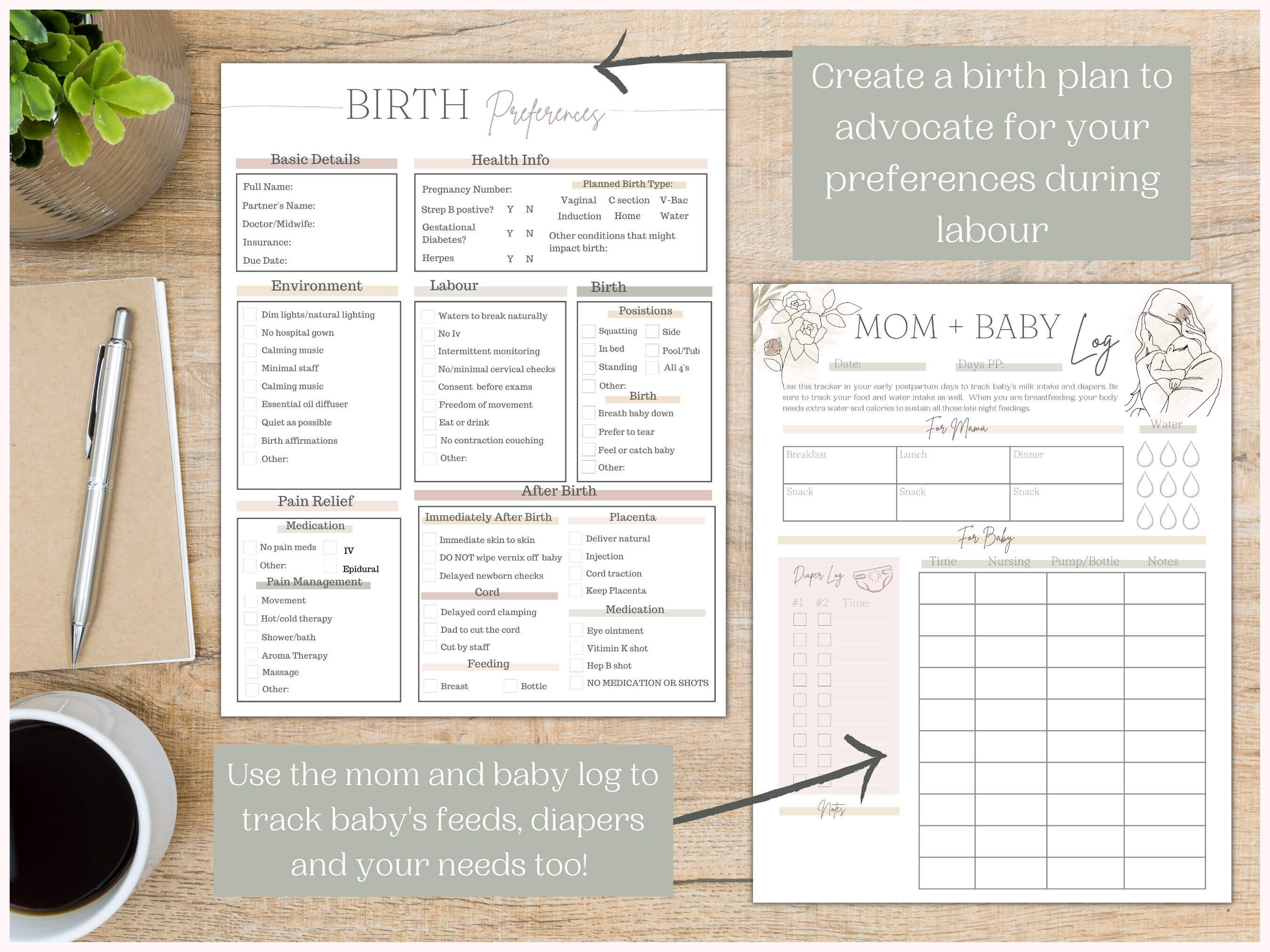 Editable Birth Plan Template and Printable Newborn Log | Mini Birth ...