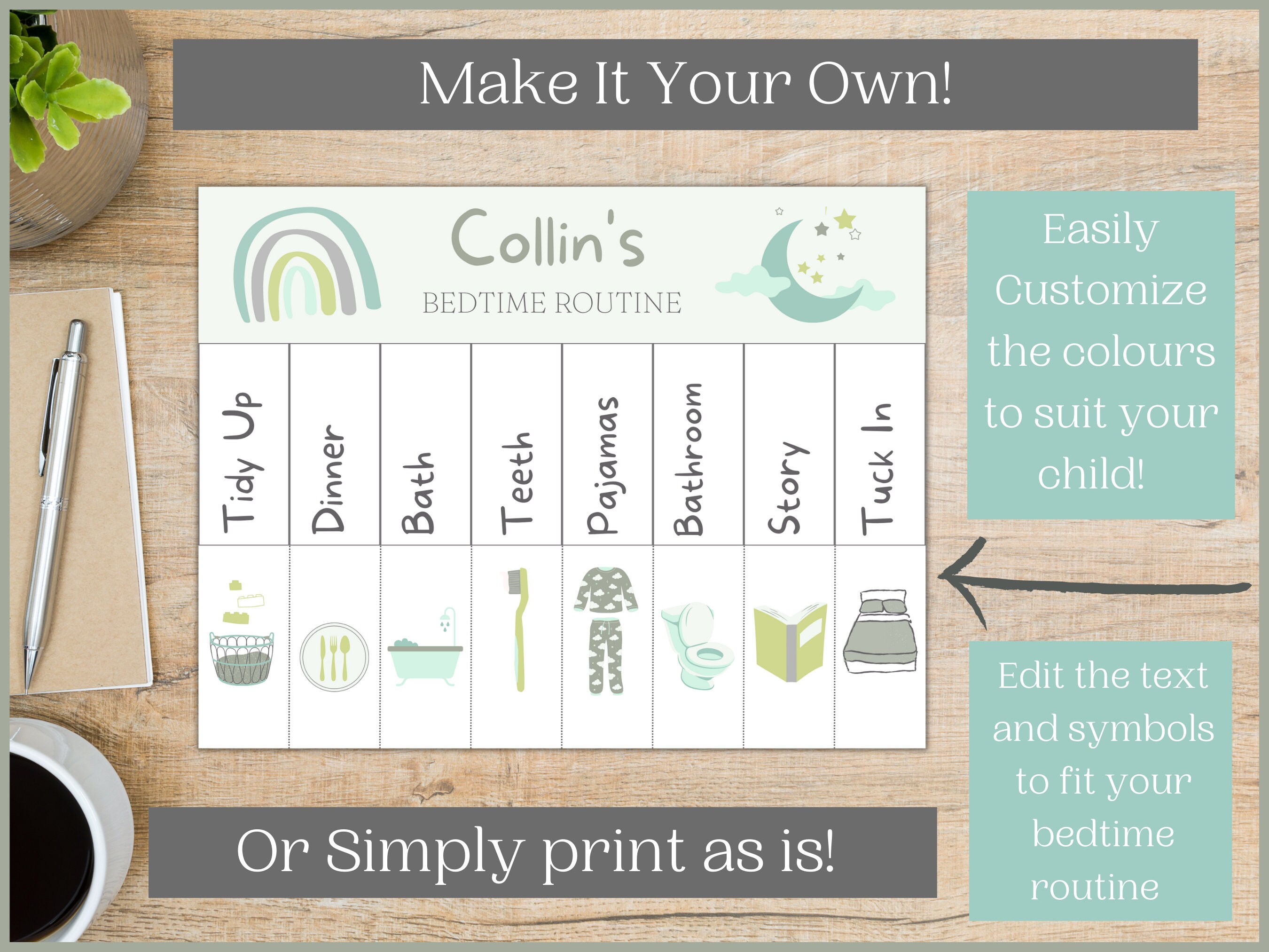 Editable Toddler Bedtime Routine Chart | Printable Chore Chart for Kids ...