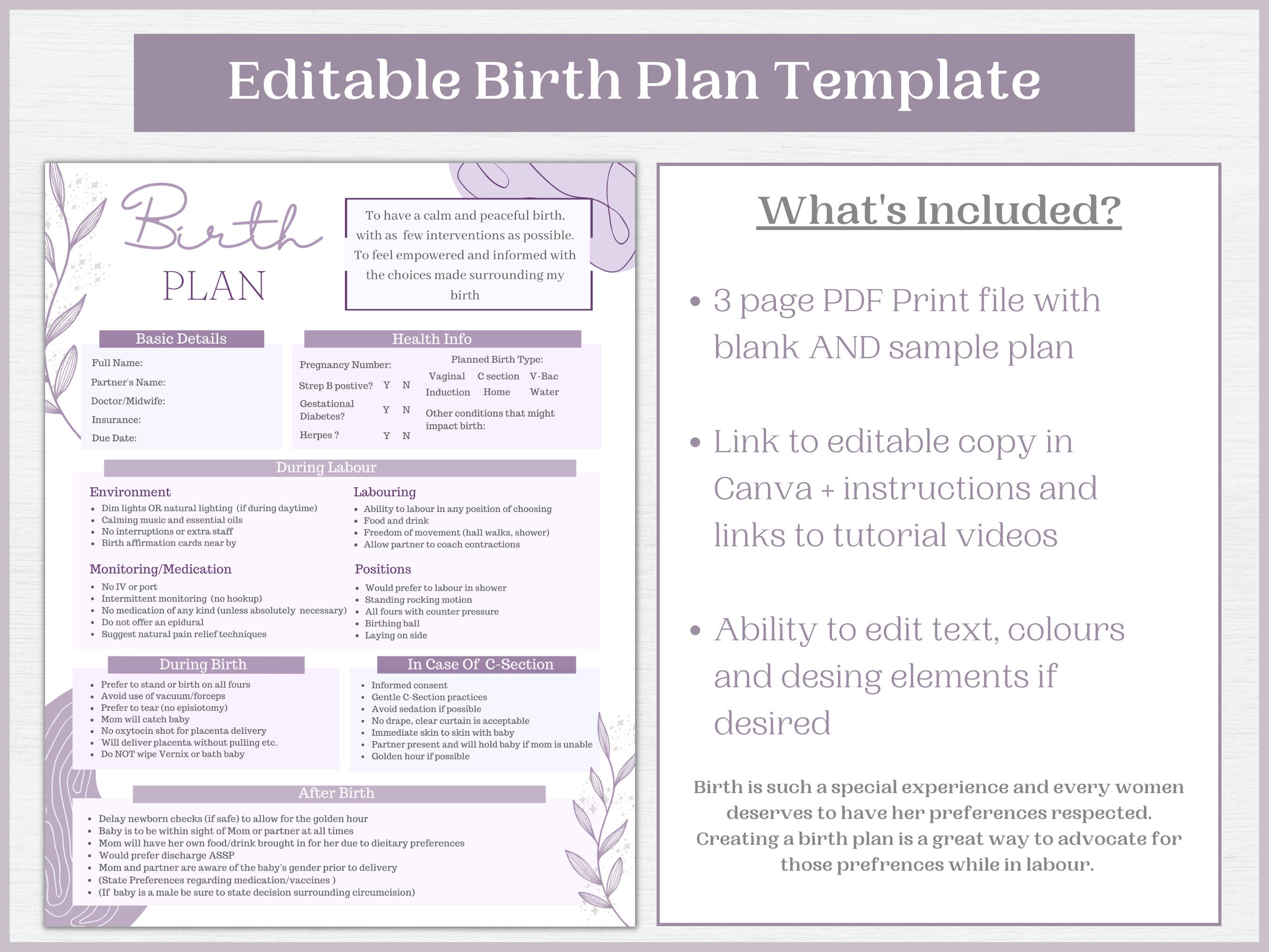 Editable Birth Plan Template | Printable Birthing Plan | Labour and ...
