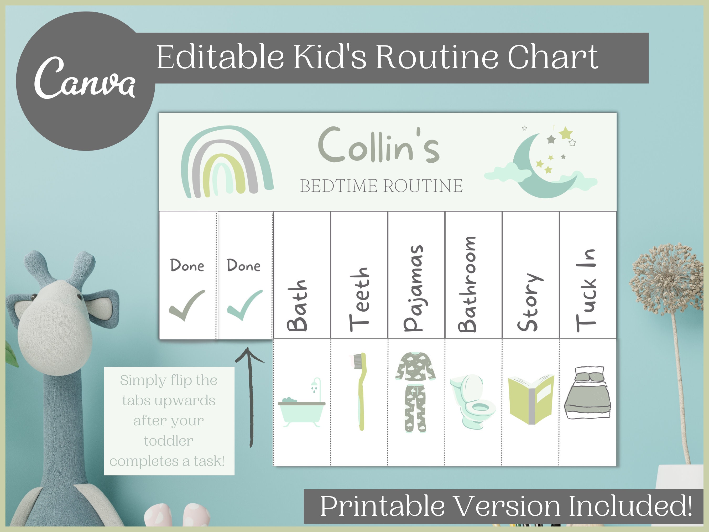 Editable Toddler Bedtime Routine Chart | Printable Chore Chart for Kids ...