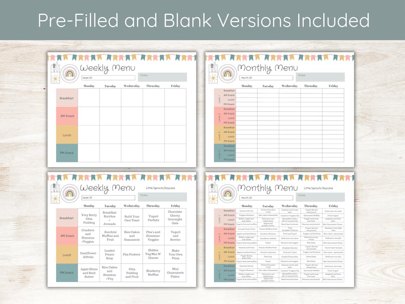 Editable Monthly and Weekly Daycare Menu Template | Childcare Menu ...