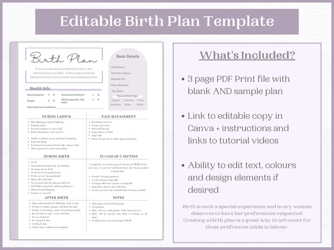 Editable Birth Plan Template | Printable Birthing Plan | Labour and ...
