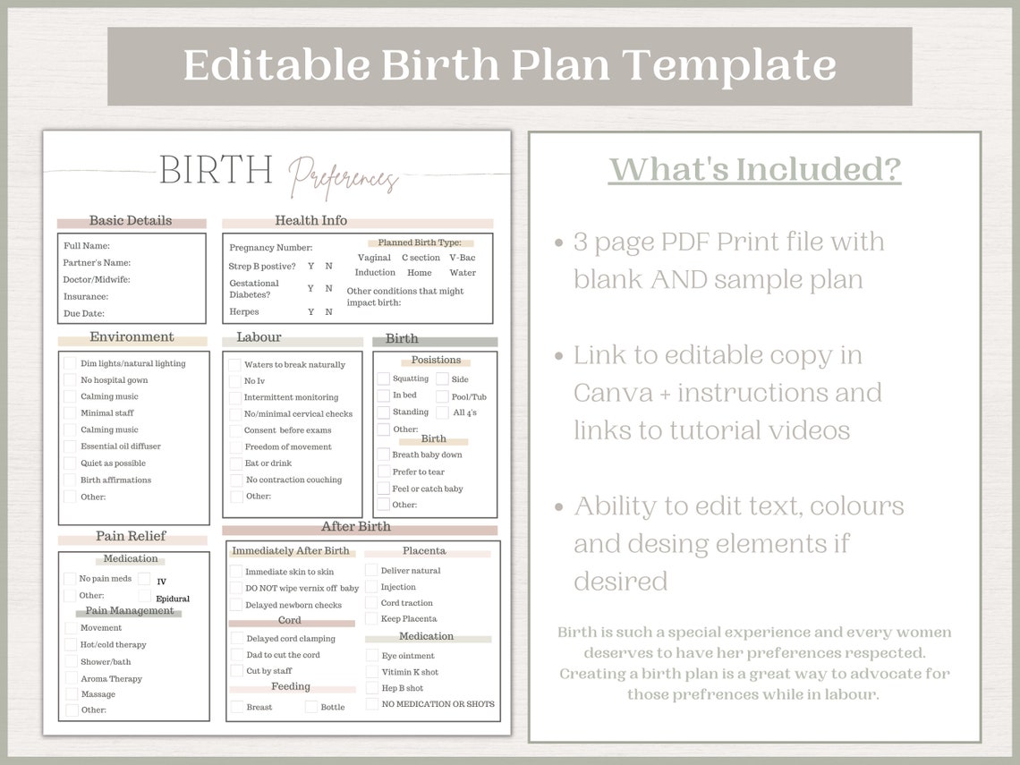 Printable and Editable Birth Plan Template Neutral Colours Birth Plan ...