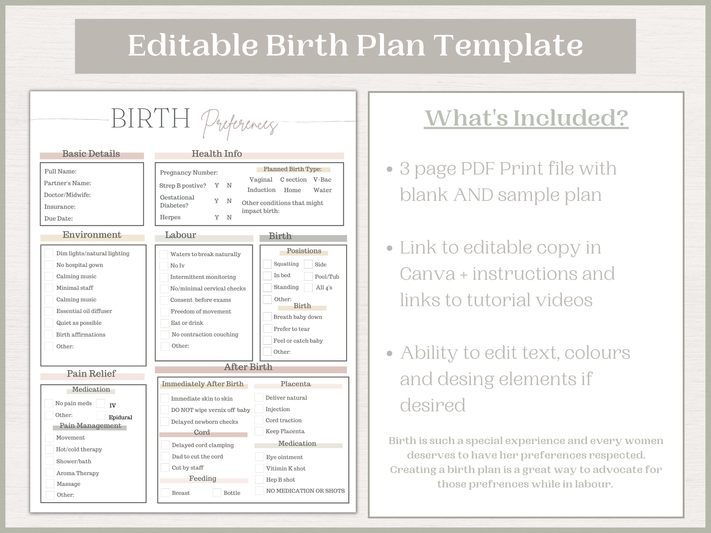 Printable and Editable Birth Plan Template | Neutral Colours Birth Plan ...