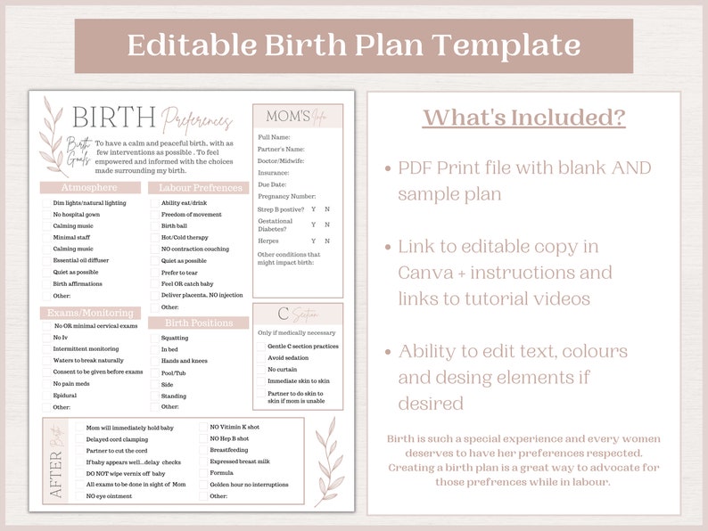 Editable Birth Plan Template |printable Birth Plan Checklist - Etsy Canada
