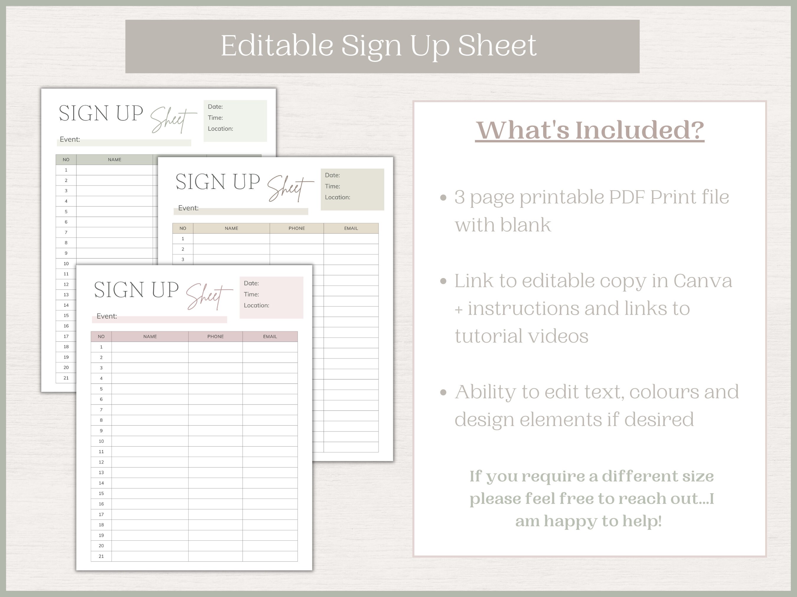 Editable Sign up Sheet Template | Printable Sign up Form | Contact ...