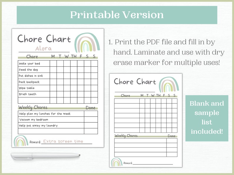 Editable Chore Chart for Kids Printable Kids Chore Chart Responsibility ...