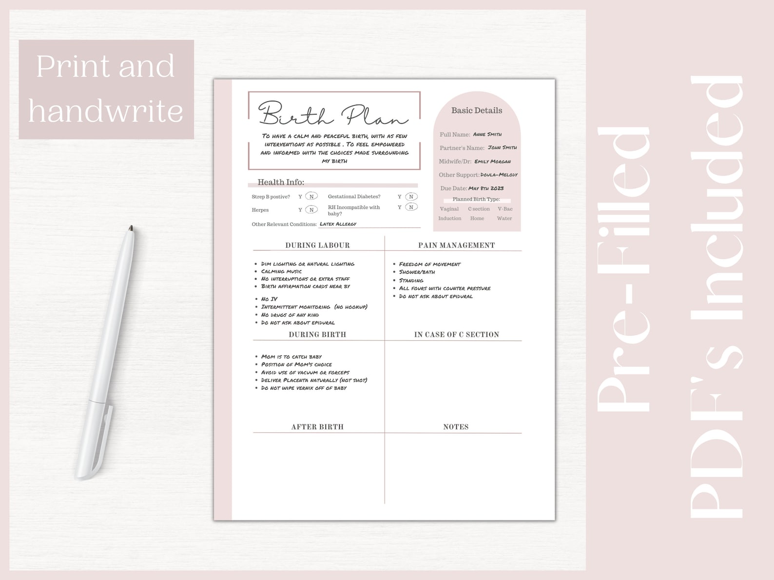 Editable Birth Plan Template | Printable Birthing Plan | Labour and ...