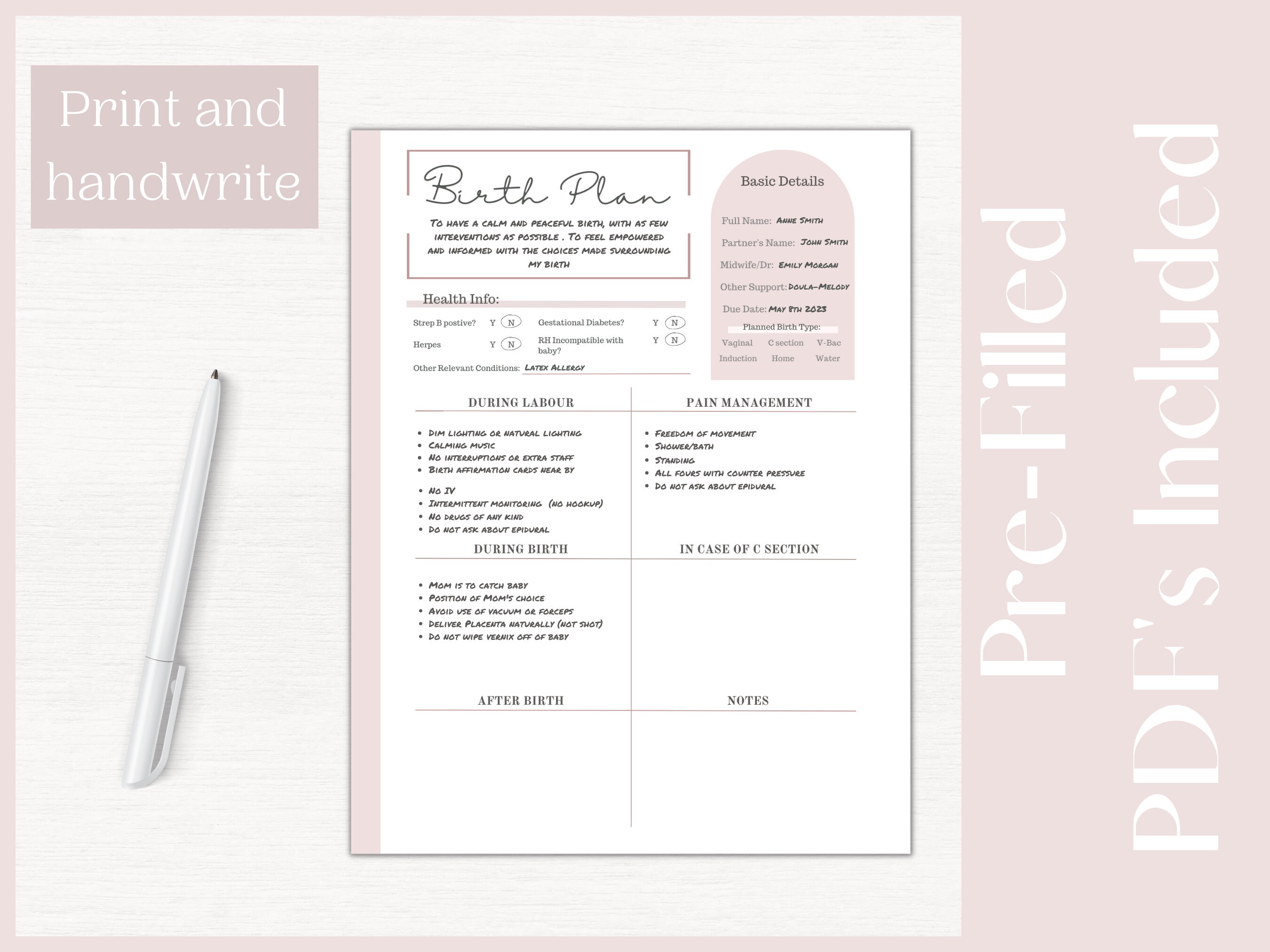 Editable Birth Plan Template | Printable Birthing Plan | Labour and ...