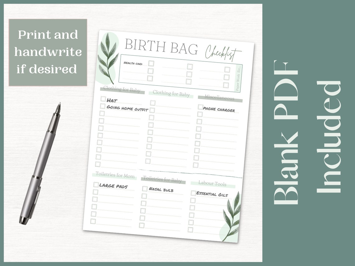 Birth Bag Packing List Editable Hospital Bag Packing Checklist Birth ...