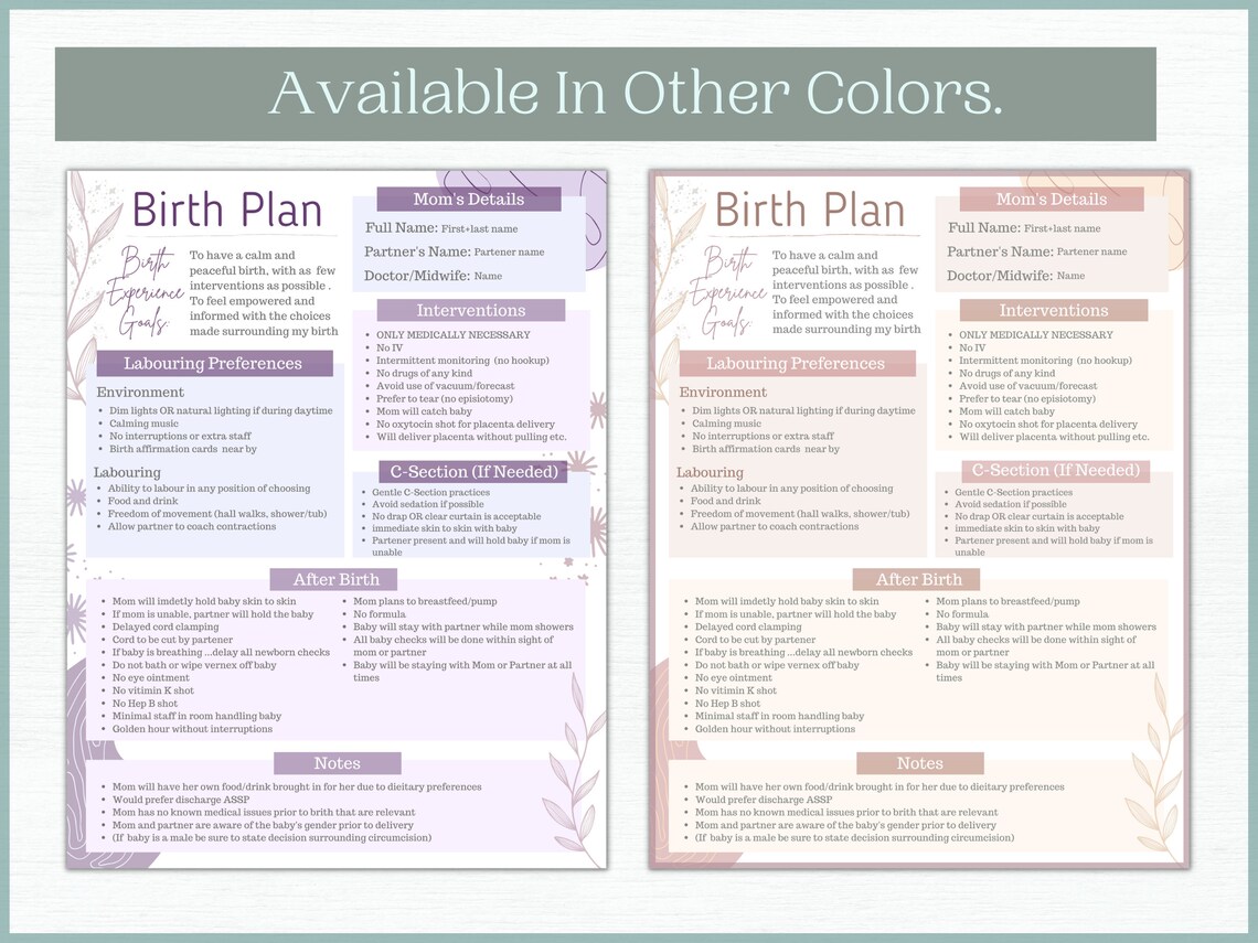 Editable Birth Plan Template Printable Birthing Plan - Etsy