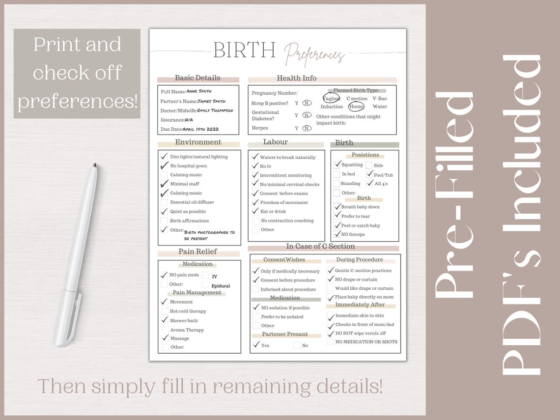 Editable Birth Plan Template and Printable Newborn Log | Mini Birth ...