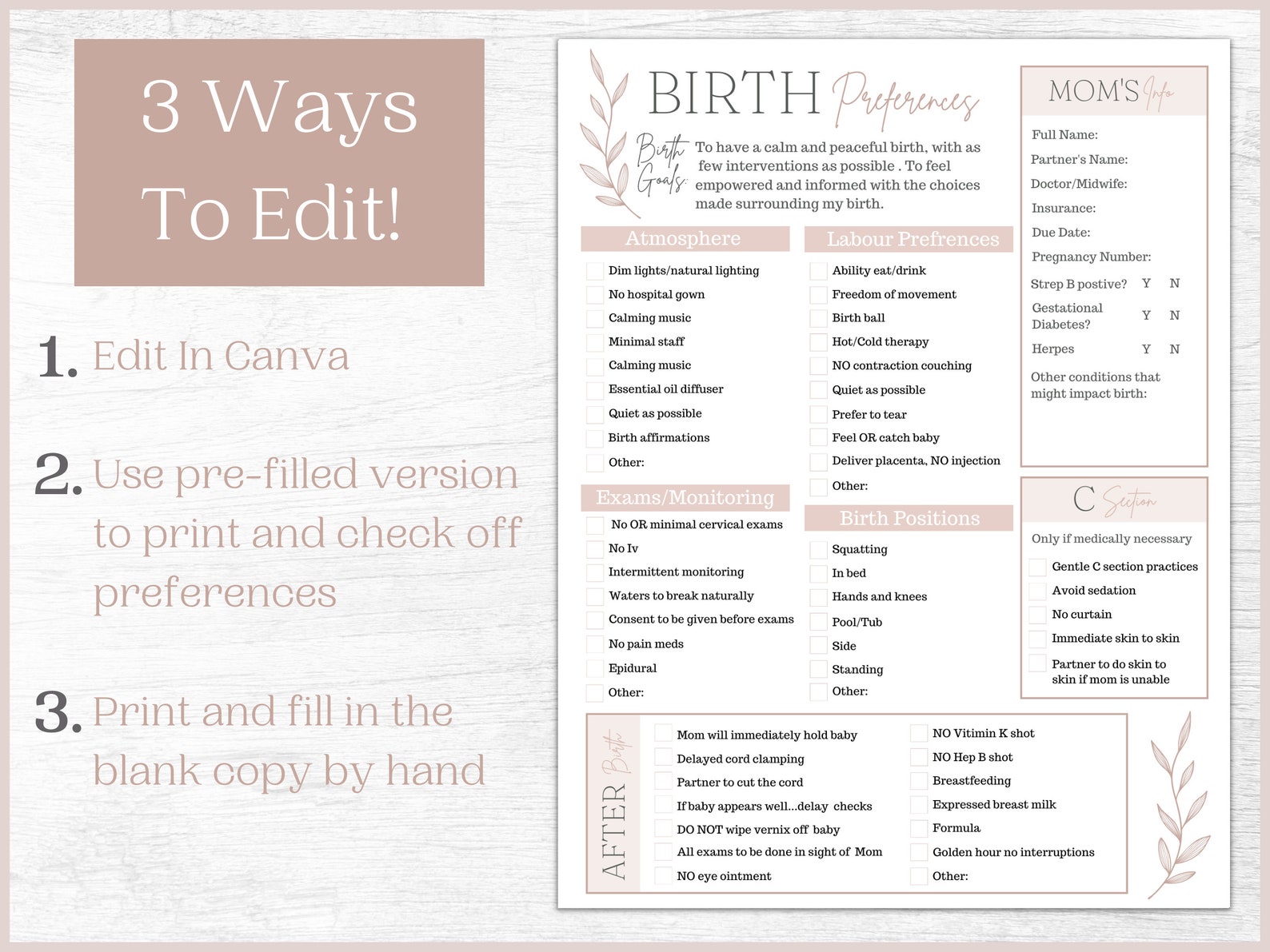 Editable Birth Plan Template |printable Birth Plan Checklist - Etsy