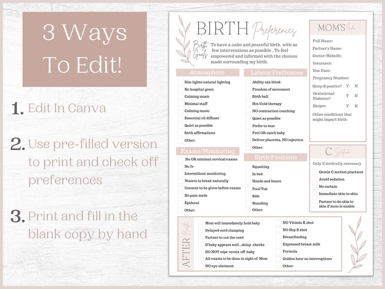 Editable Birth Plan Template |printable Birth Plan Checklist - Etsy Canada