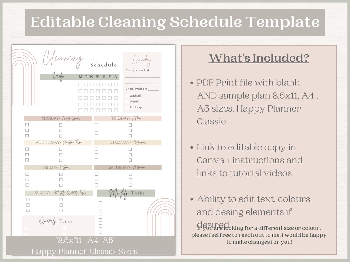 Printable Cleaning Schedule Editable Cleaning Schedule Template - Etsy