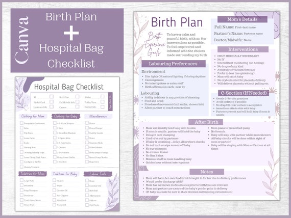 Editable Birth Plan Template and Hospital Bag Checklist Bundle - Etsy