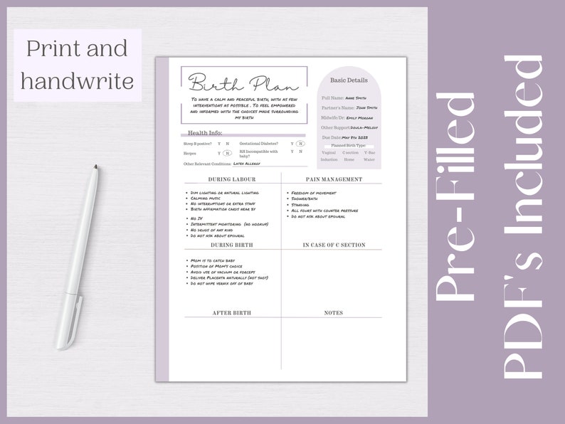 Editable Birth Plan Template | Printable Birthing Plan | Labour and ...