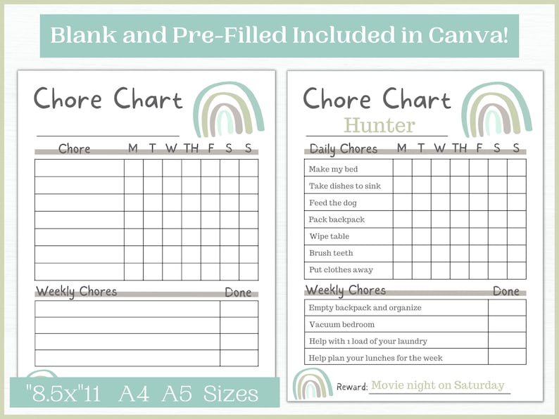 Editable Chore Chart for Kids Printable Kids Chore Chart Responsibility ...
