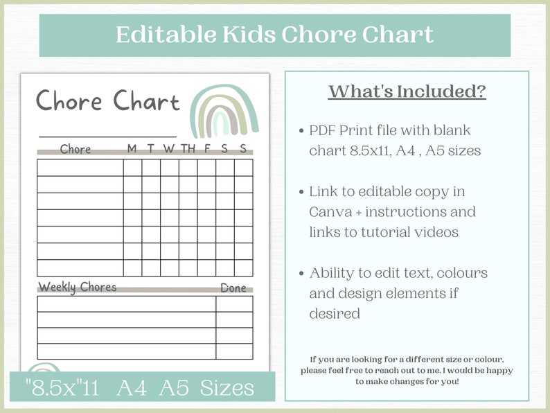 Editable Chore Chart for Kids | Printable Kids Chore Chart ...