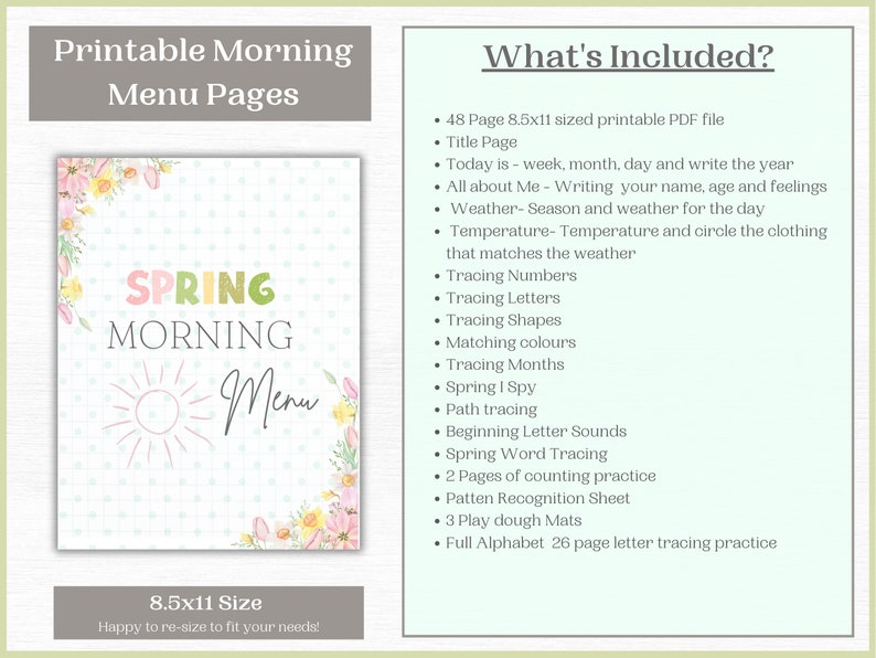 Homeschool Preschool Spring Morning Menu Printable Morning Menu Pages ...