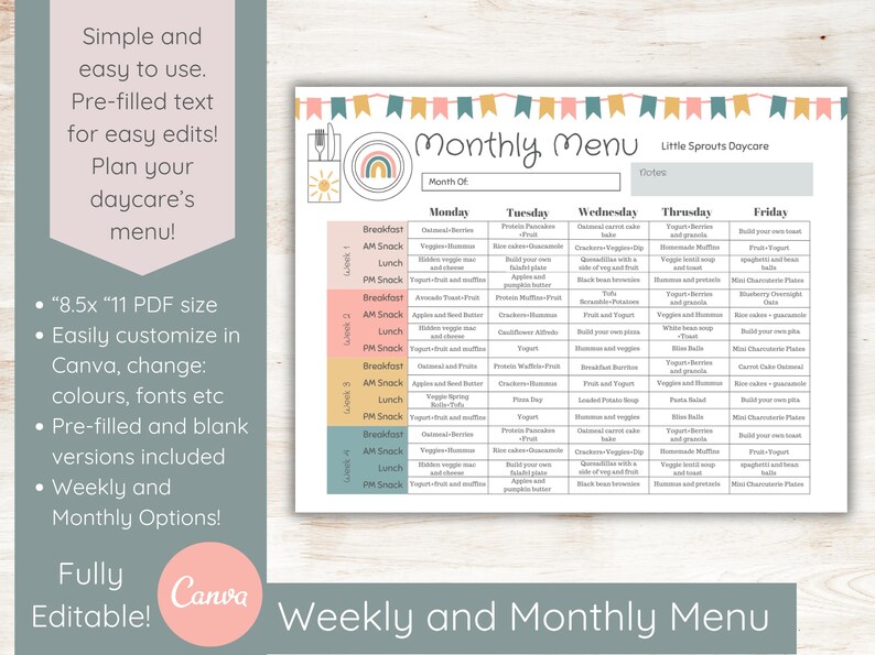 Editable Monthly and Weekly Daycare Menu Template | Childcare Menu ...