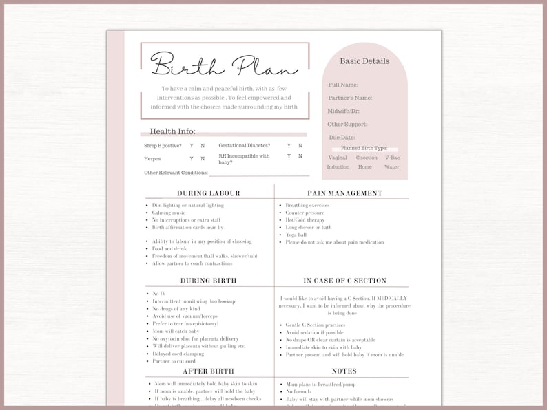 Editable Birth Plan Template | Printable Birthing Plan | Labour and ...