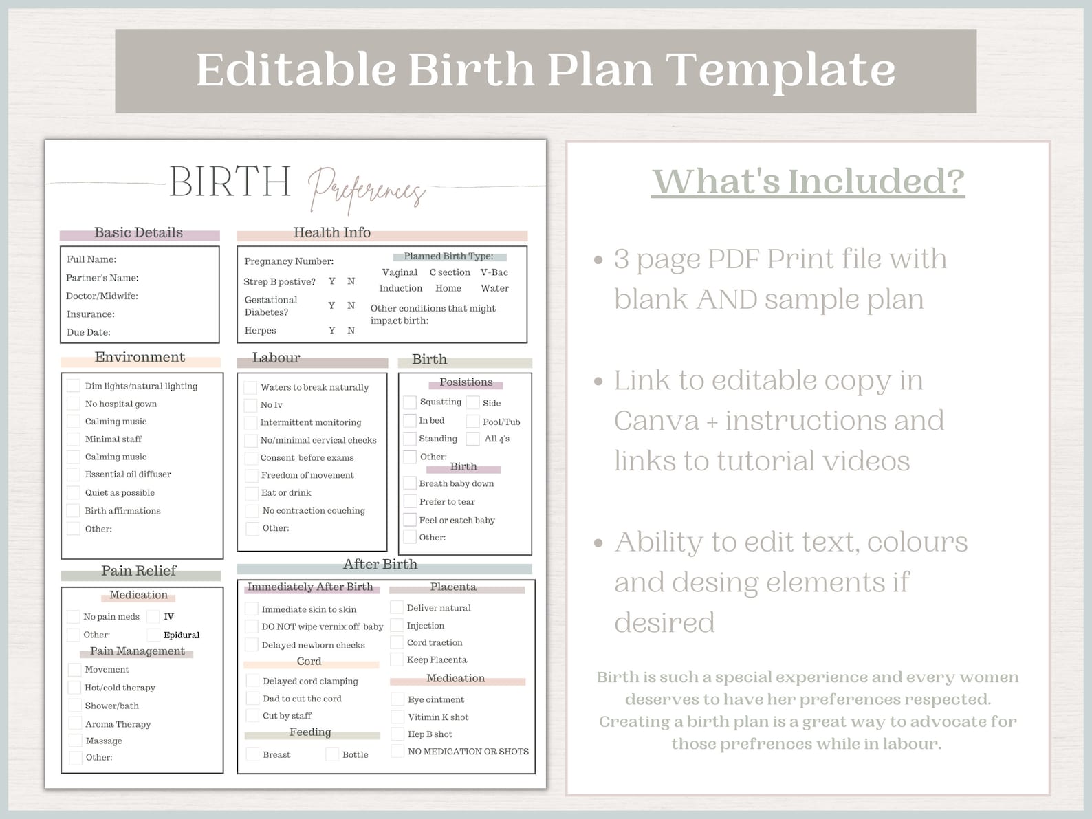 Editable Birth Plan Template |printable Birth Plan and Checklist - Etsy