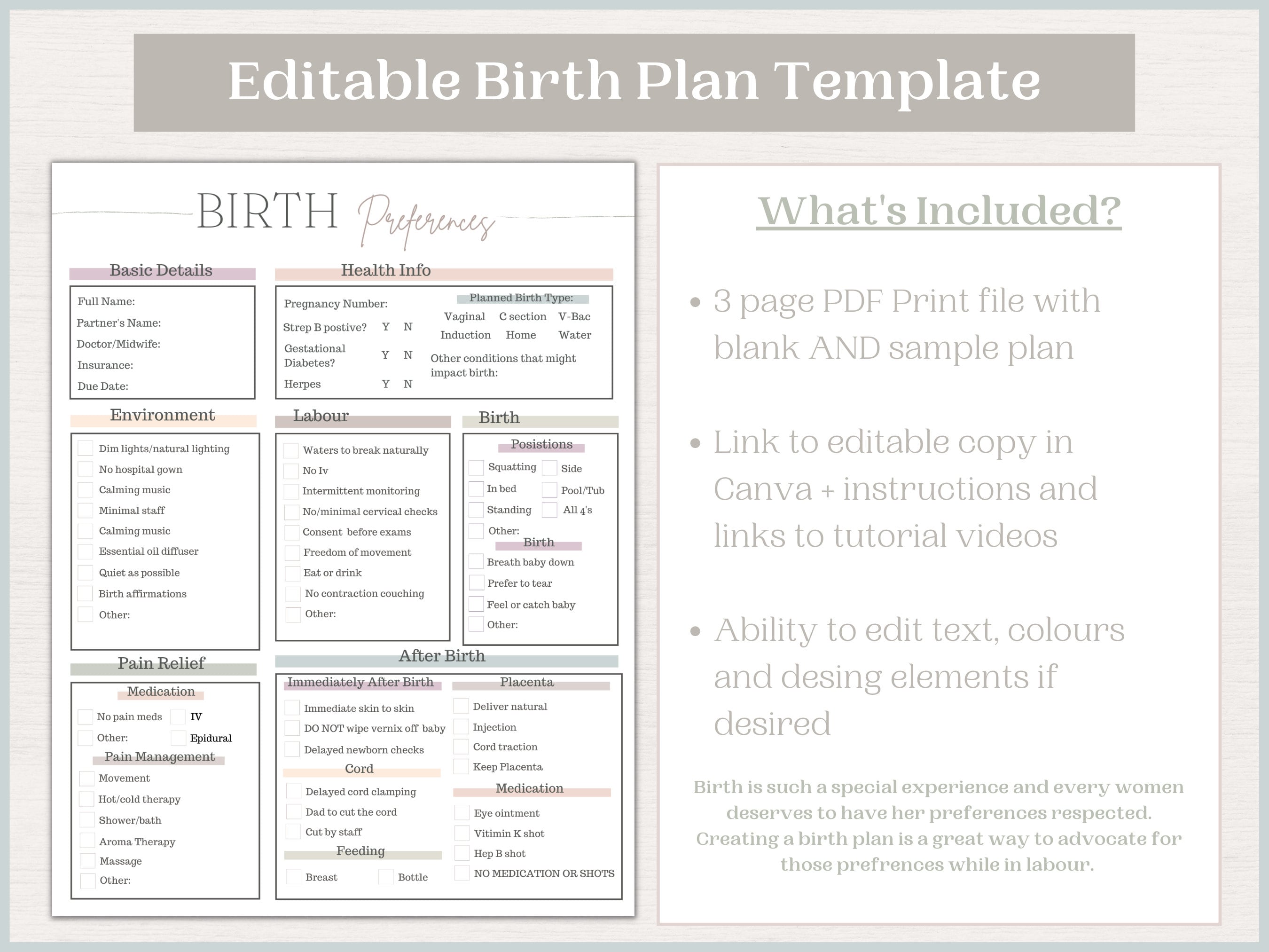 Editable Birth Plan Template printable Birth Plan and - Etsy Canada