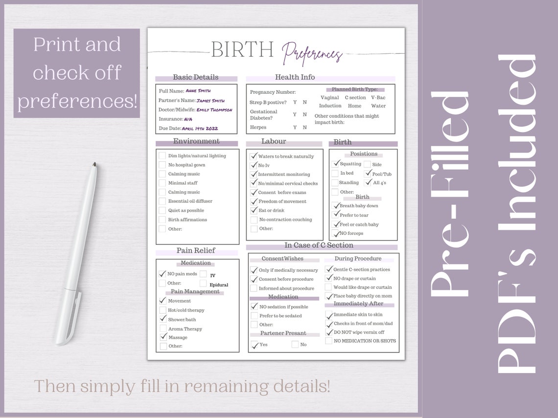 Editable Birth Plan Template |printable Birth Plan and Checklist - Etsy