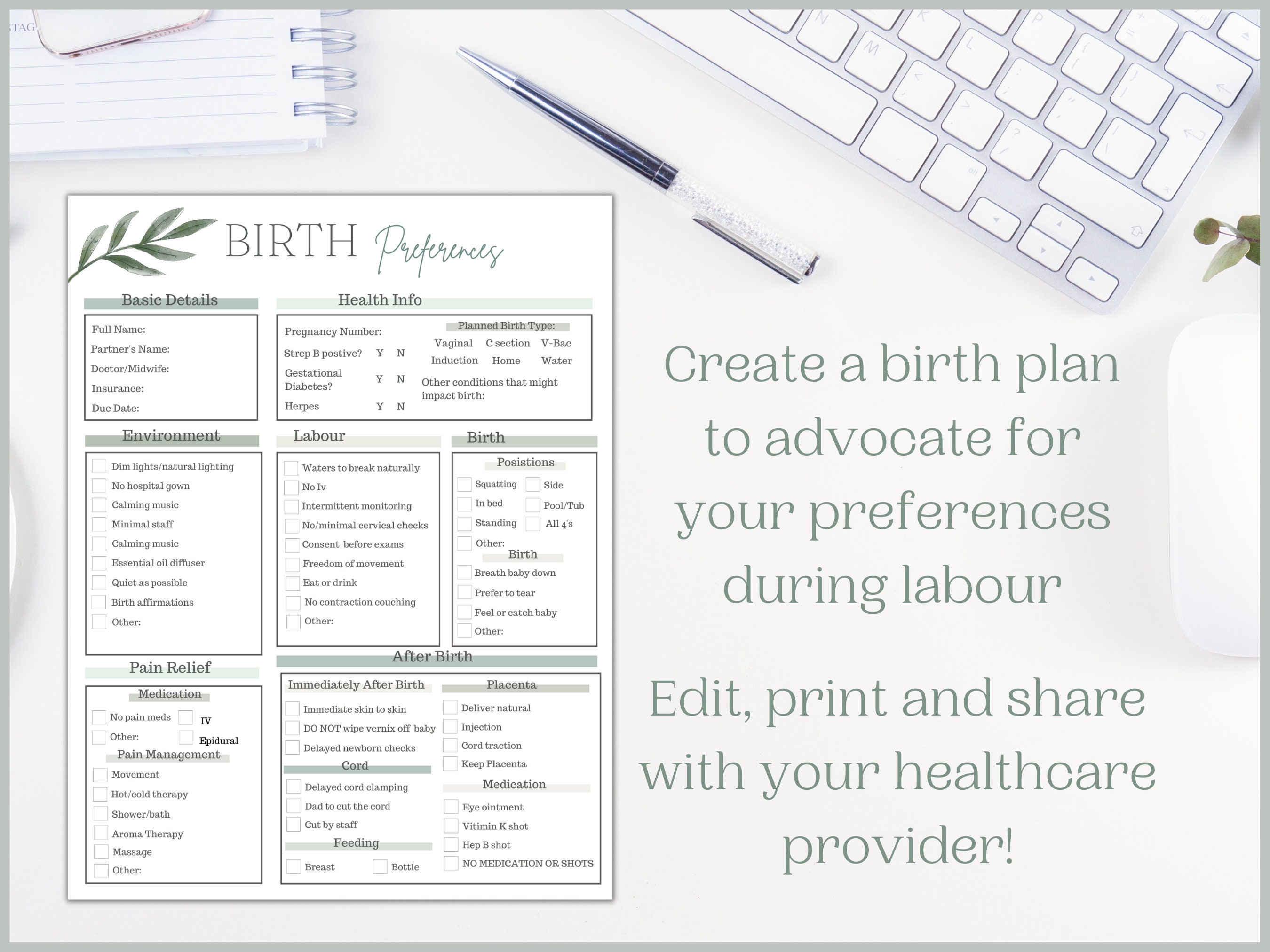Printable And Editable Birth Plan Template Neutral Colours Etsy