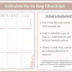 Birth Bag Packing List | Editable Hospital Bag Packing Checklist ...