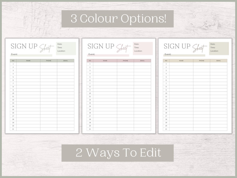 Editable Sign up Sheet Template | Printable Sign up Form | Contact ...