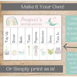 Editable Toddler Bedtime Routine Chart | Printable Chore Chart for Kids ...
