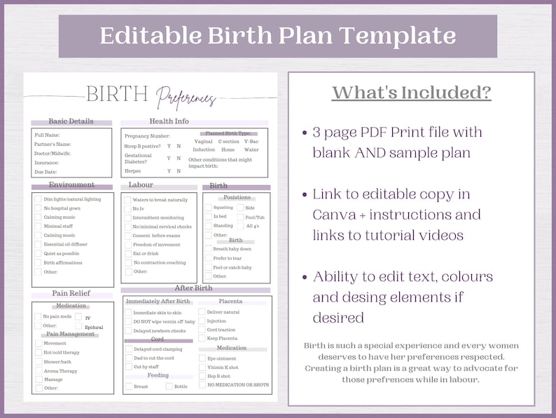 Editable Birth Plan Template |printable Birth Plan and Checklist - Etsy