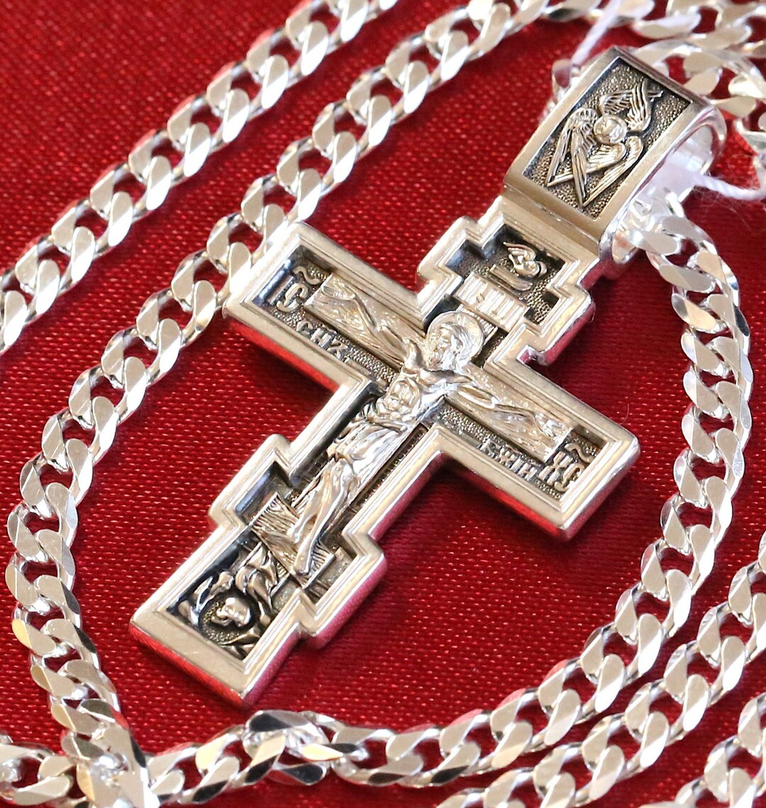 Men Christian Baptism Cross Necklace + Chain Set. Russian Orthodox ...