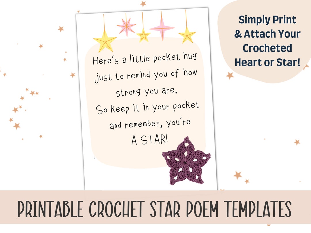 PRINTABLE You're A Star Crochet Hug Templates Crochet Pocket Hug ...