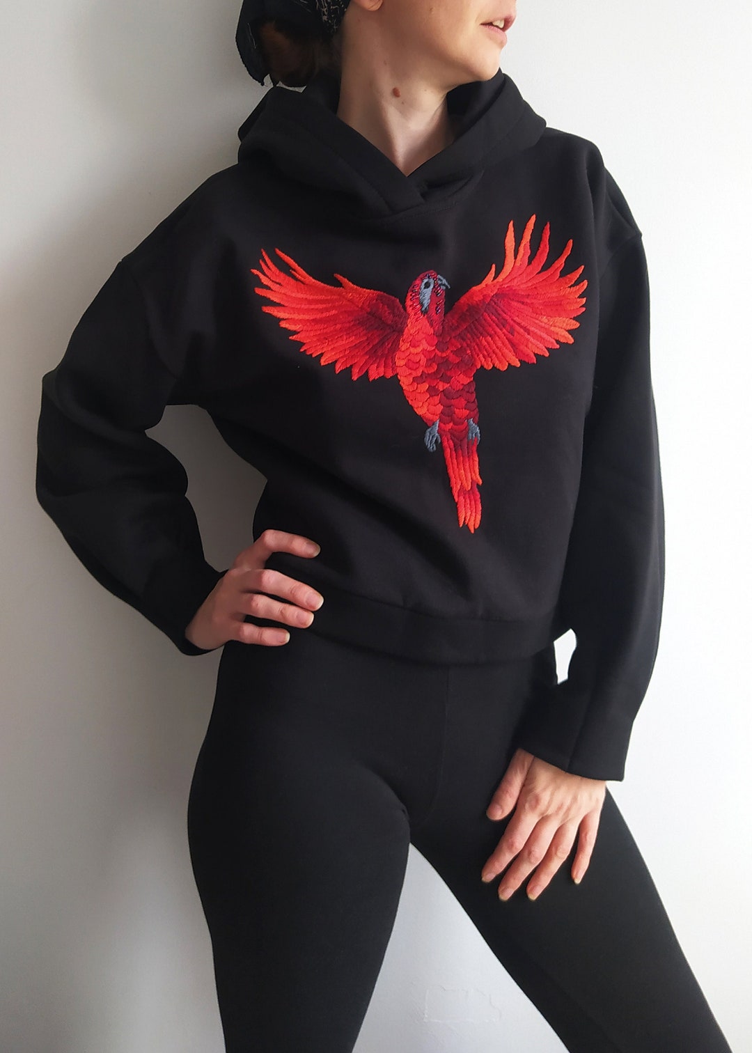 Red Parrot Embroidered Sweatshirt, Macaw Pattern, Custom Embroidery ...
