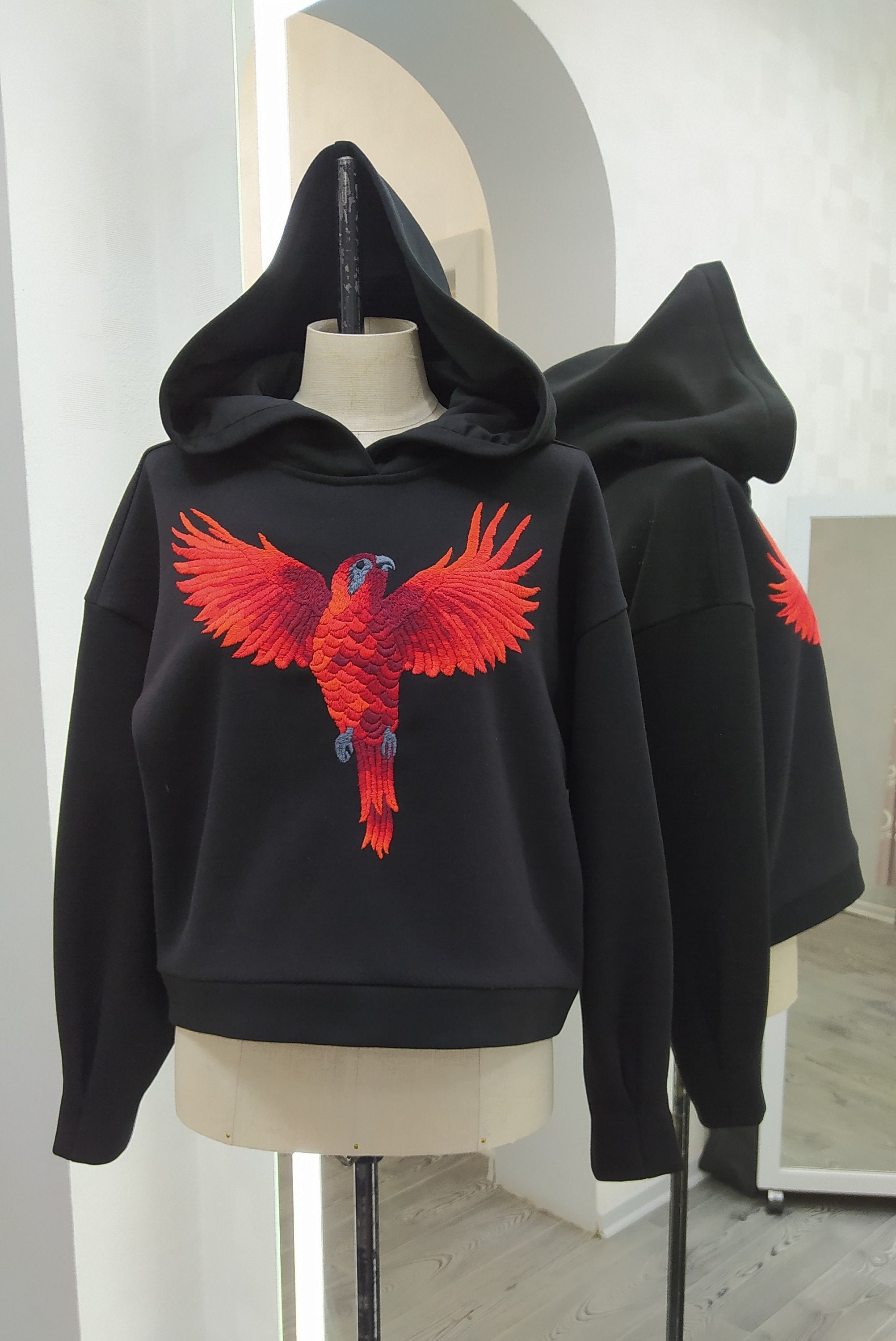 Red Parrot Embroidered Sweatshirt, Macaw Pattern, Custom Embroidery ...