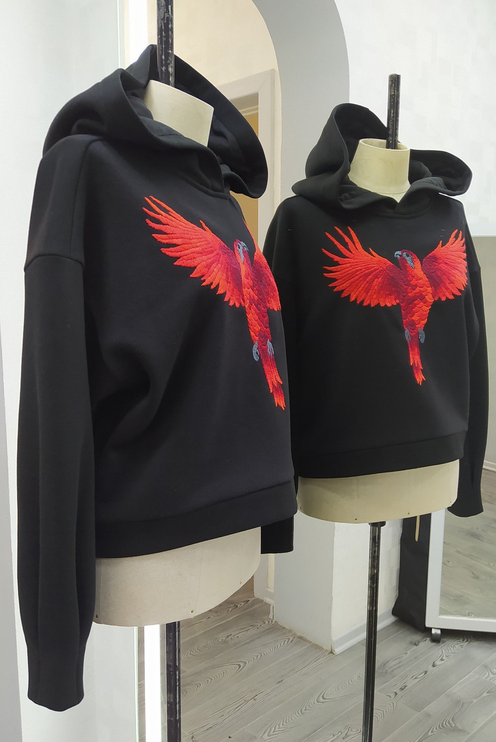 Red Parrot Embroidered Sweatshirt, Macaw Pattern, Custom Embroidery ...