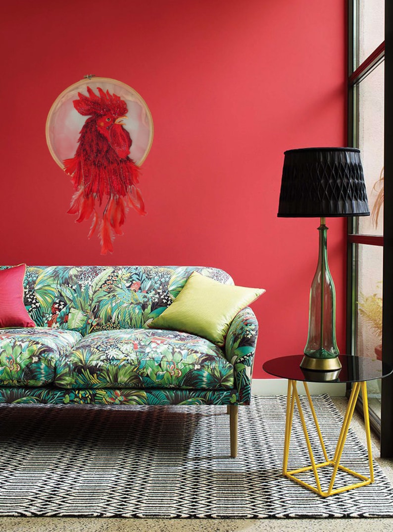 Red Rooster Handmade Embroidery Handicraft Red Bird, Interior Decor ...