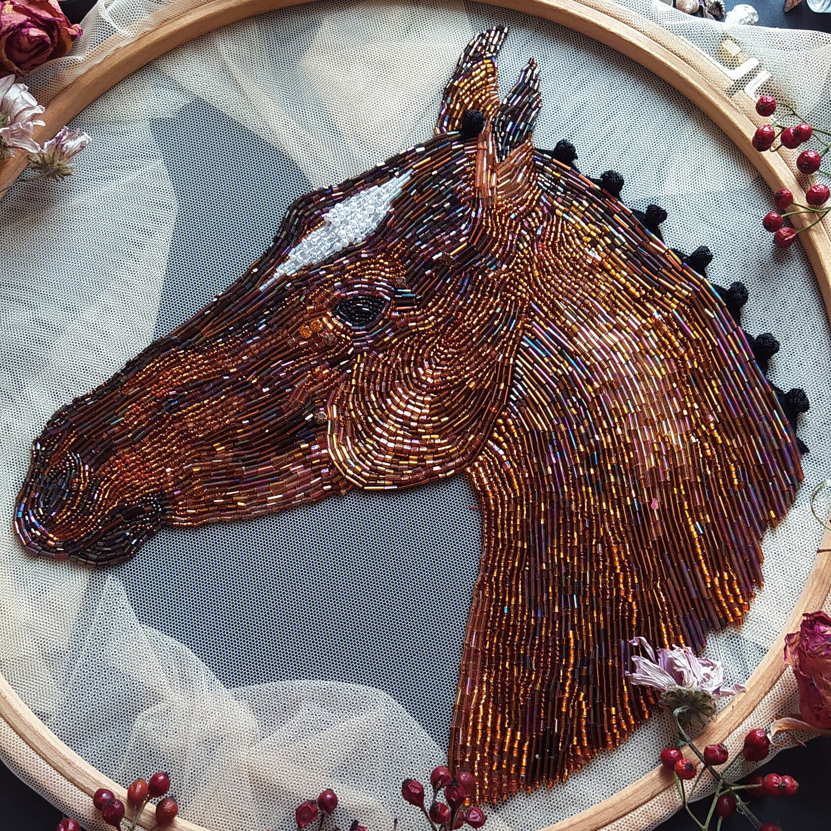 Horse Embroidery Design. Red Beaded Horse, Pony. Horse Lover Gift ...