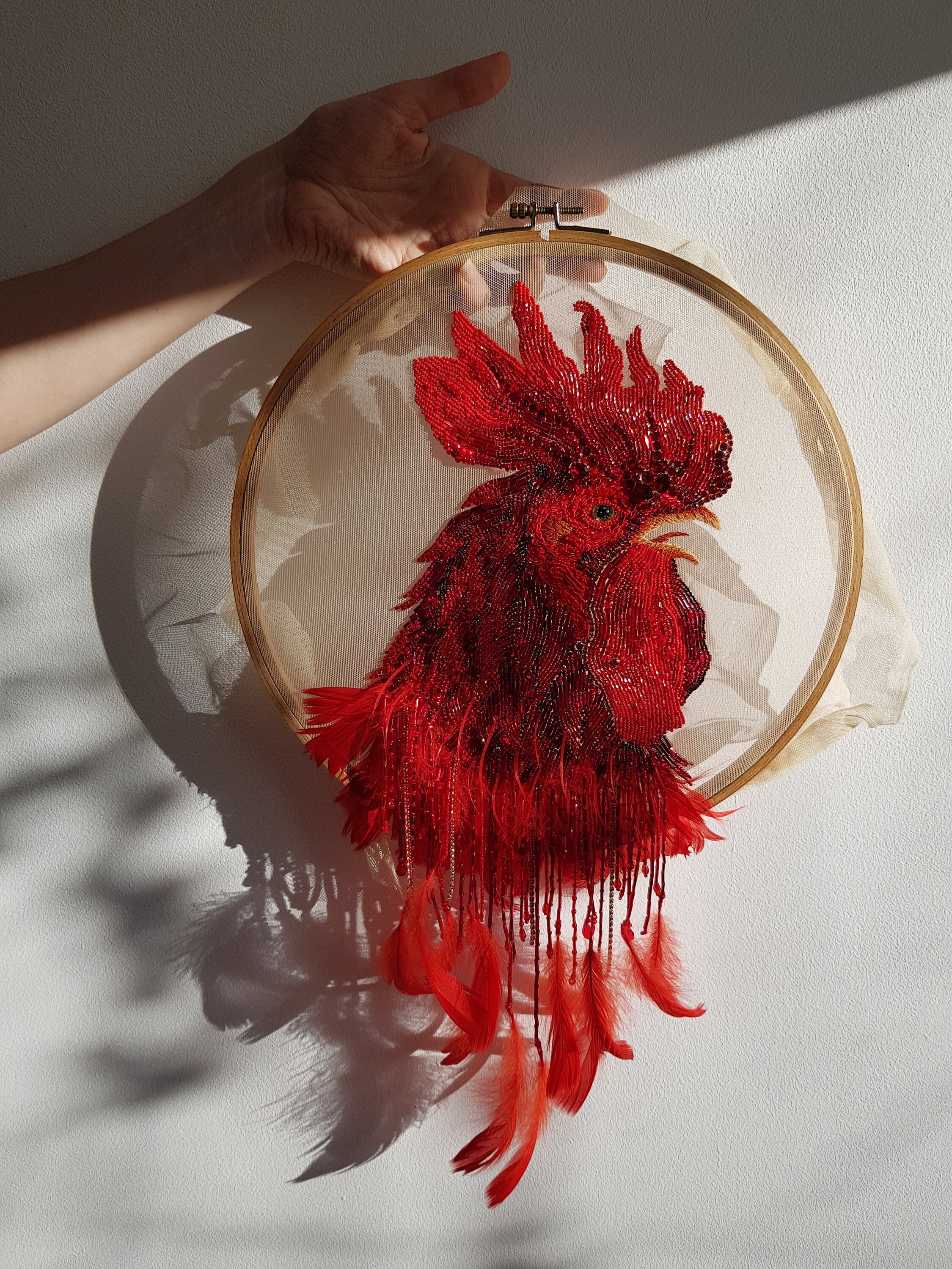 Red Rooster Handmade Embroidery Handicraft Red Bird Interior - Etsy