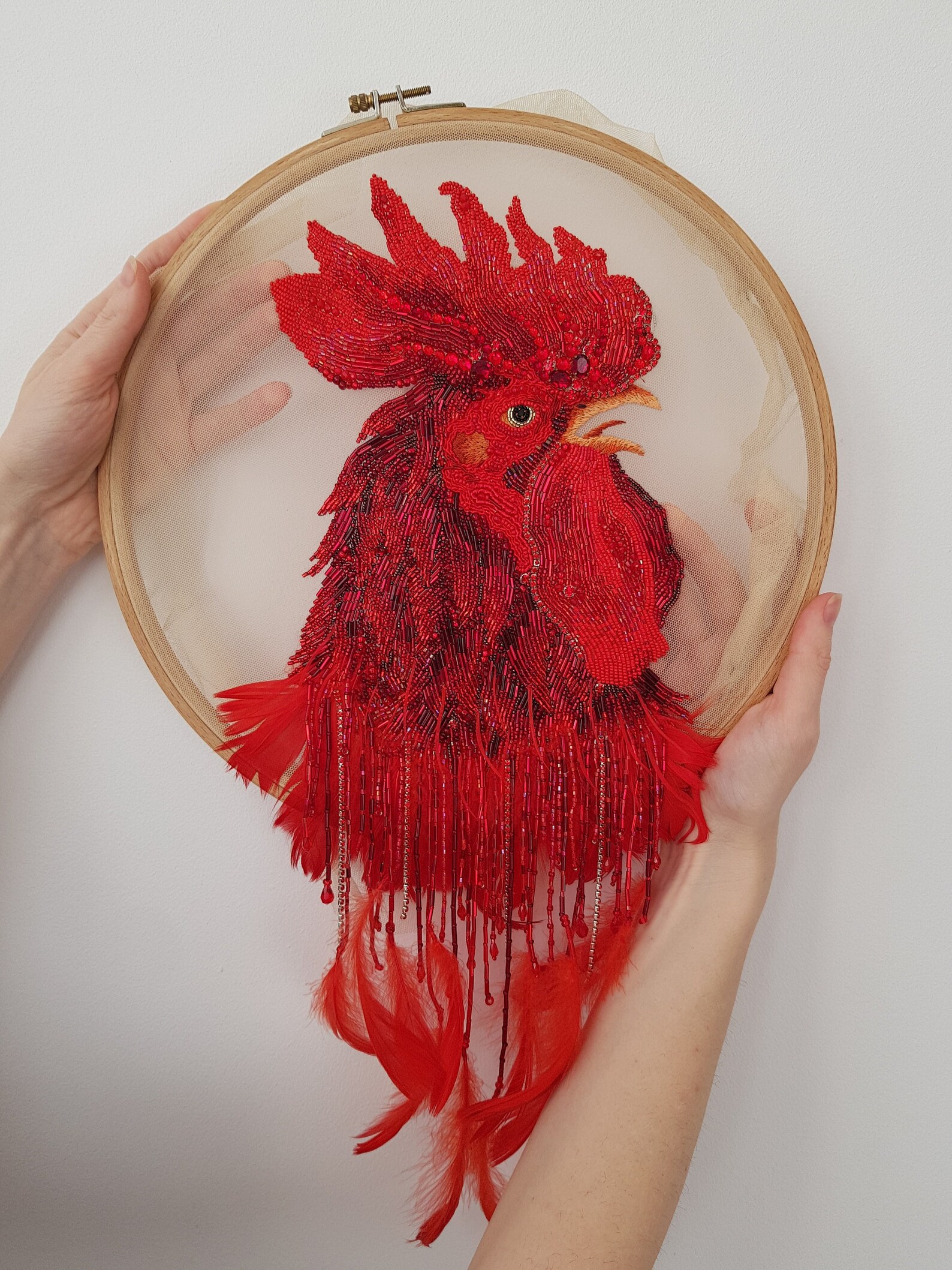 Red Rooster Handmade Embroidery Handicraft Red Bird, Interior Decor ...
